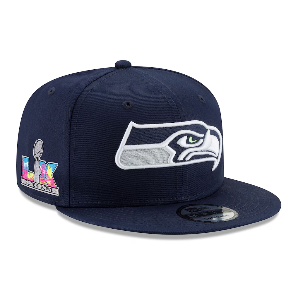 SEATTLE SEAHAWKS SUPER BOWL LX SIDE PATCH 9FIFTY SNAPBACK HAT- NAVY ...