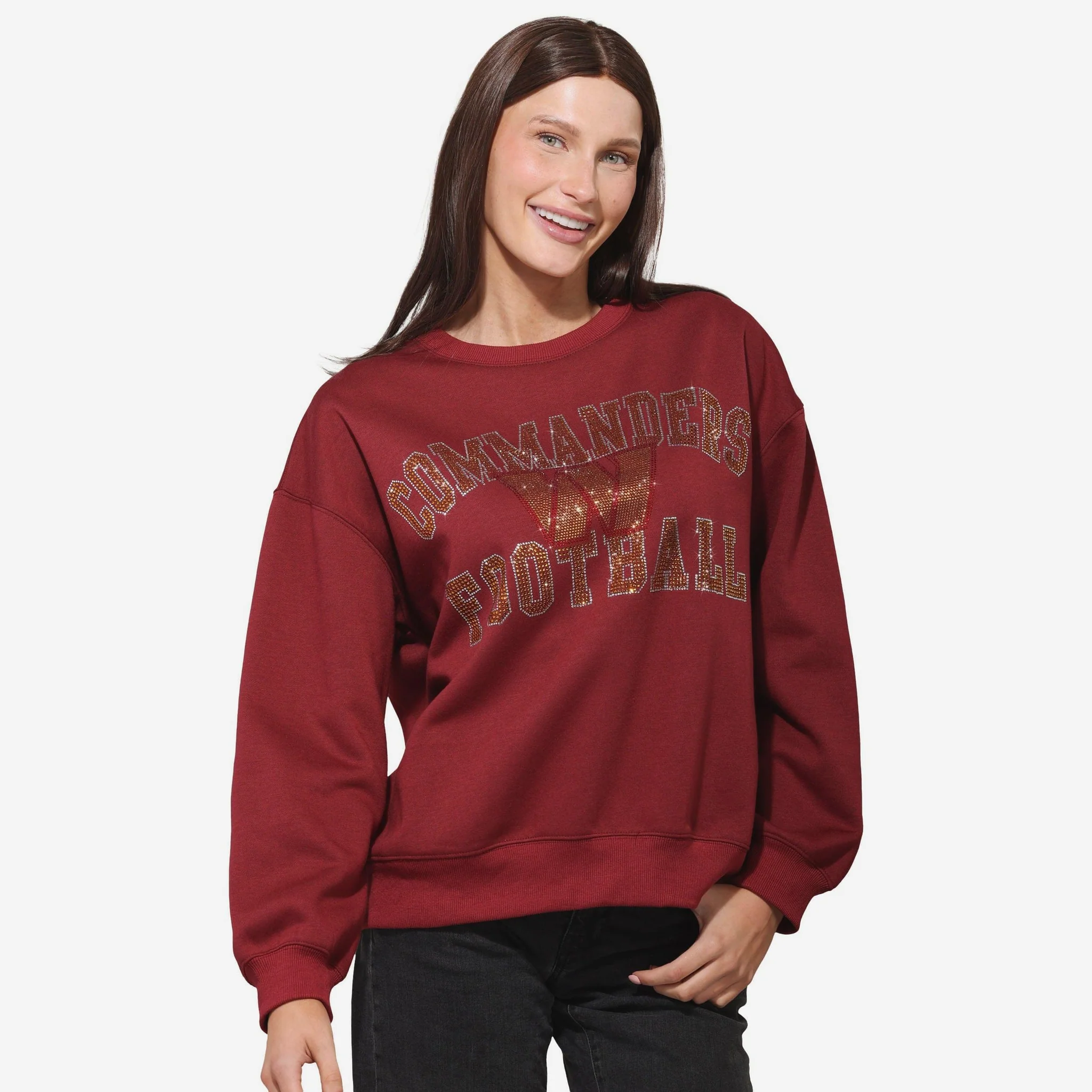 WASHINGTON COMMANDERS WOMEN'S FOCO RHINESTONE LOGO OVERSIZED CREW NECK ...